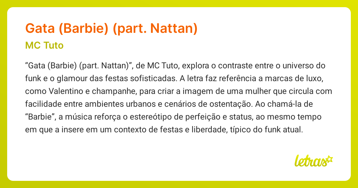 Significado da música GATA (BARBIE) (PART. NATTAN) (MC Tuto) - LETRAS ...