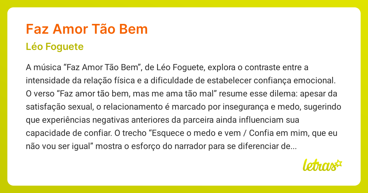 Significado da música FAZ AMOR TÃO BEM (Léo Foguete) - LETRAS.MUS.BR