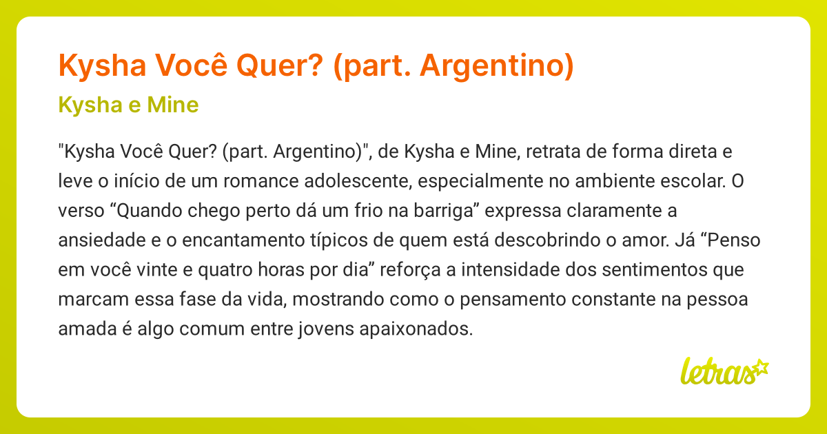 Significado da música Kysha Você Quer? (part. Argentino) (Kysha e Mine ...