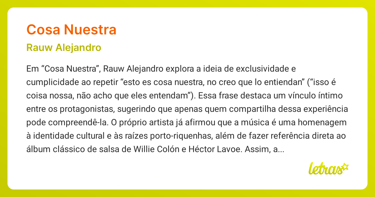 Significado da música COSA NUESTRA (Rauw Alejandro) - LETRAS.MUS.BR