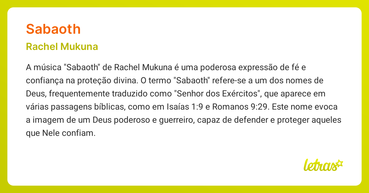 Significado da música SABAOTH (Rachel Mukuna) - LETRAS.MUS.BR