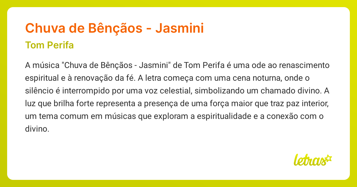 Significado da música CHUVA DE BÊNÇÃOS - JASMINI (Tom Perifa) - LETRAS ...
