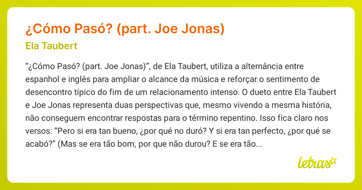 Significado da música ¿Cómo Pasó? (part. Joe Jonas) (Ela Taubert ...