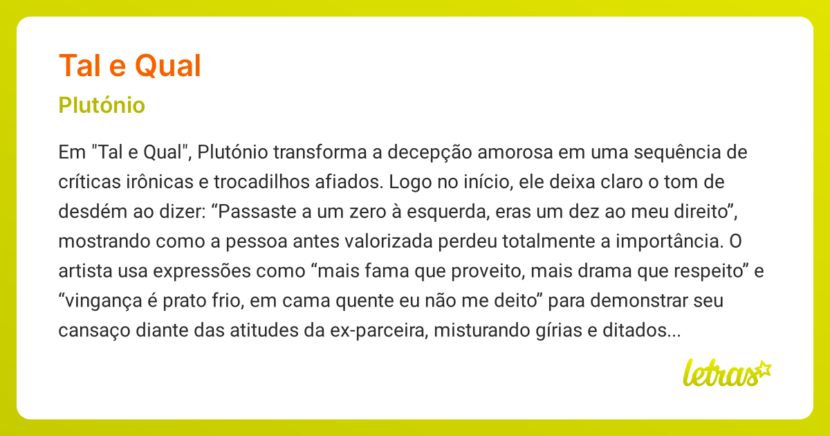 Significado da música TAL E QUAL (Plutónio) - LETRAS.MUS.BR