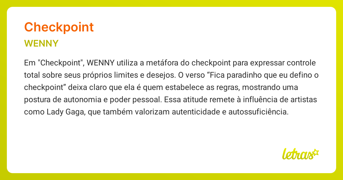 Significado da música CHECKPOINT (WENNY) - LETRAS.MUS.BR