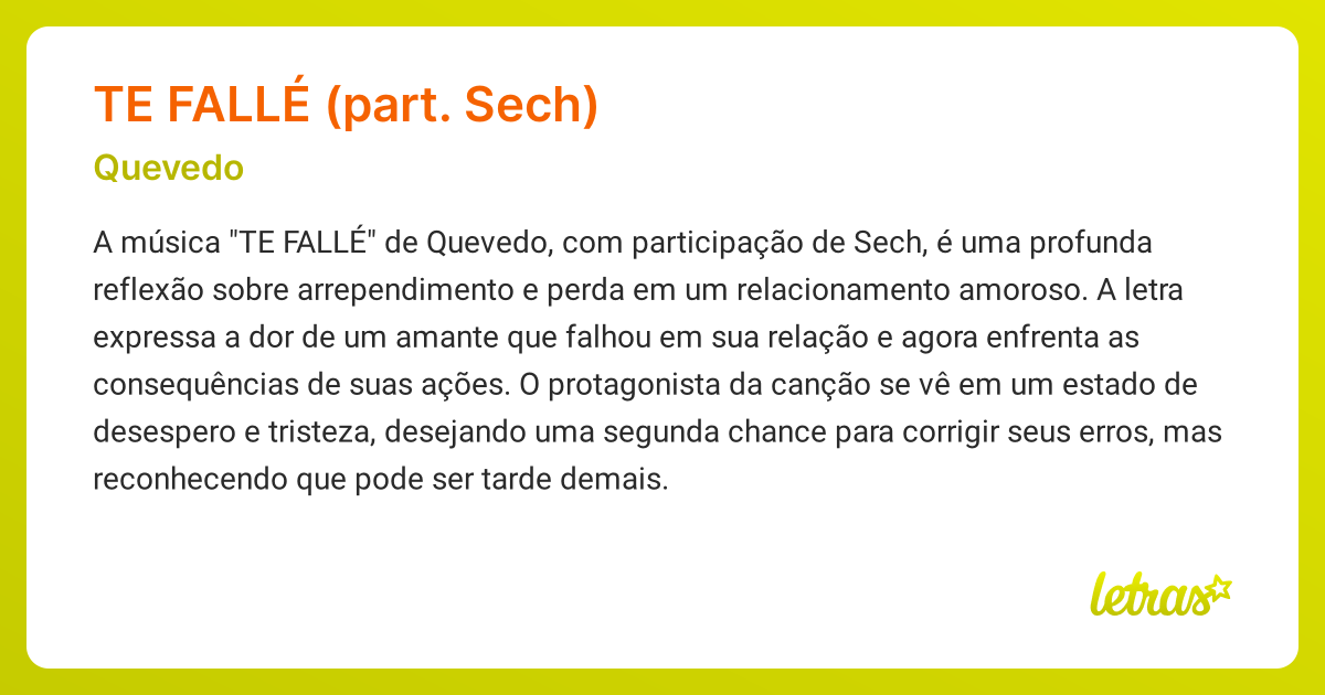 Significado da música TE FALLÉ (PART. SECH) (Quevedo) - LETRAS.MUS.BR