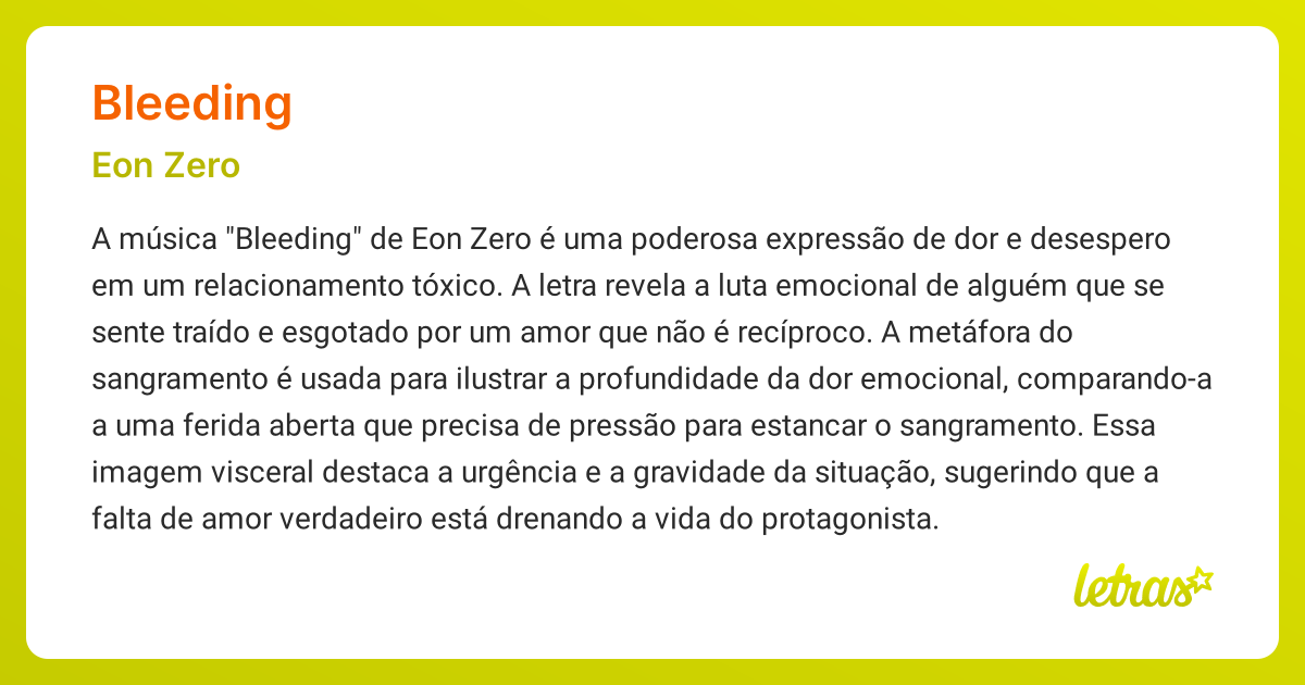 Significado da música BLEEDING (Eon Zero) - LETRAS.MUS.BR
