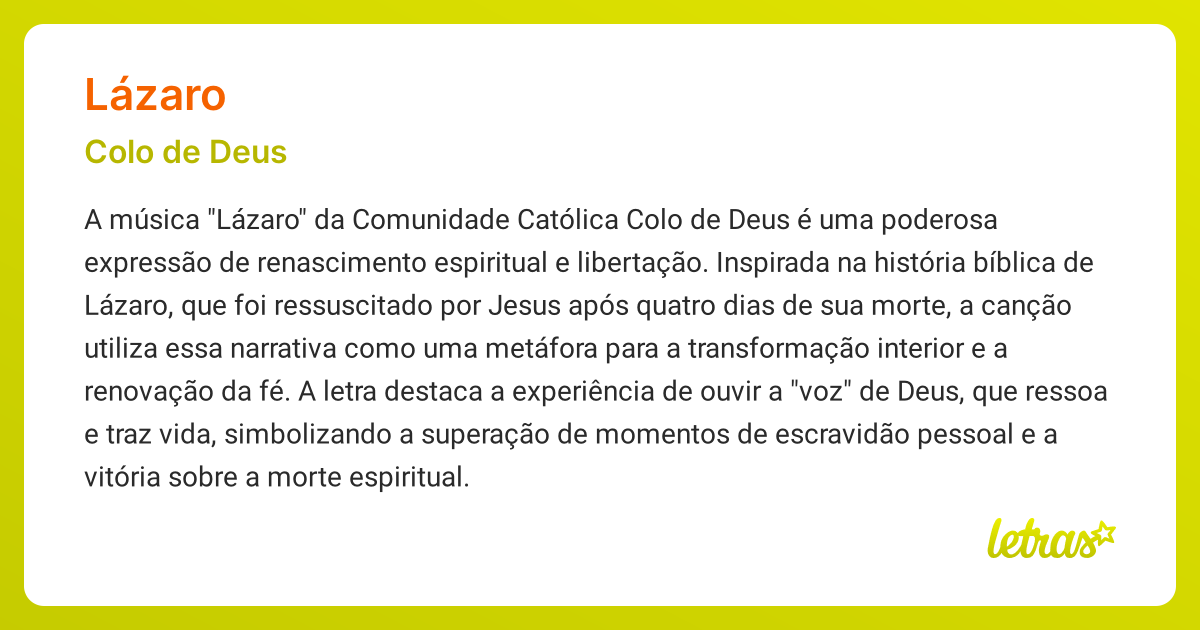 Significado da música LÁZARO (Colo de Deus) - LETRAS.MUS.BR
