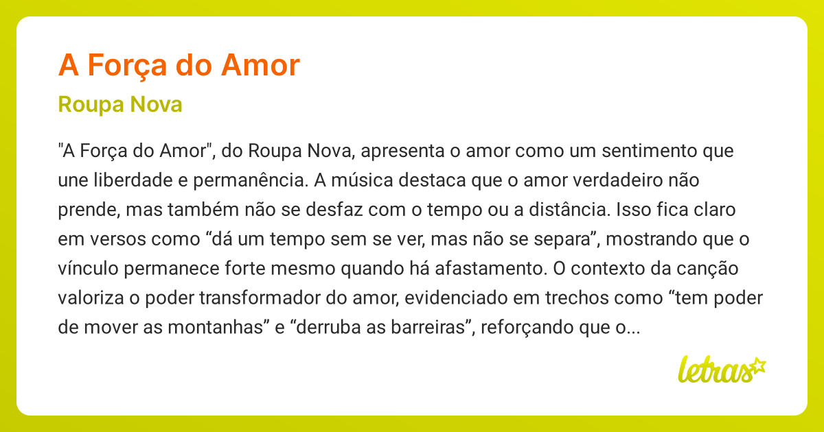 Significado da música A FORÇA DO AMOR (Roupa Nova) - LETRAS.MUS.BR