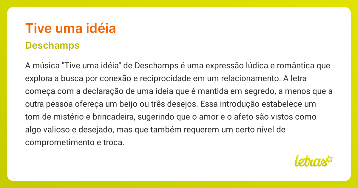 Significado da música TIVE UMA IDÉIA (Deschamps) - LETRAS.MUS.BR