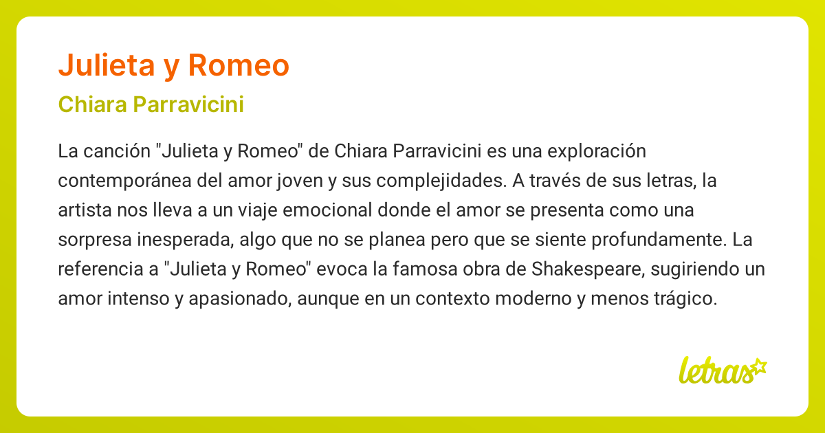 Significado de la canción JULIETA Y ROMEO (Chiara Parravicini) - LETRAS.COM