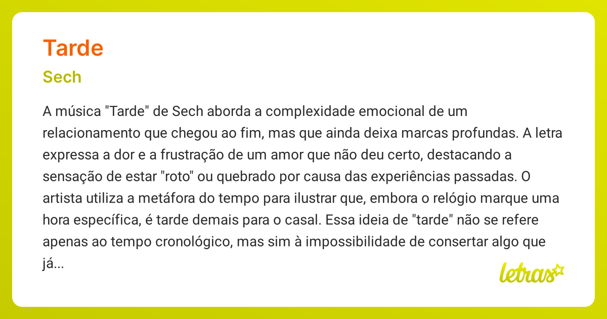 Significado da música TARDE (Sech) - LETRAS.MUS.BR