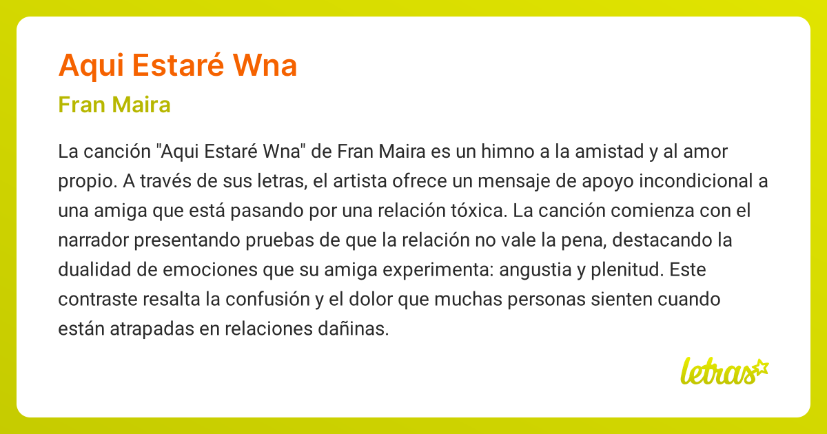 Significado de la canción AQUI ESTARÉ WNA (Fran Maira) - LETRAS.COM