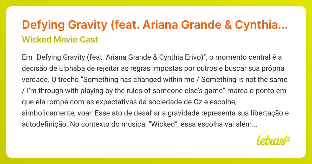 Significado da música Defying Gravity (feat. Ariana Grande & Cynthia ...