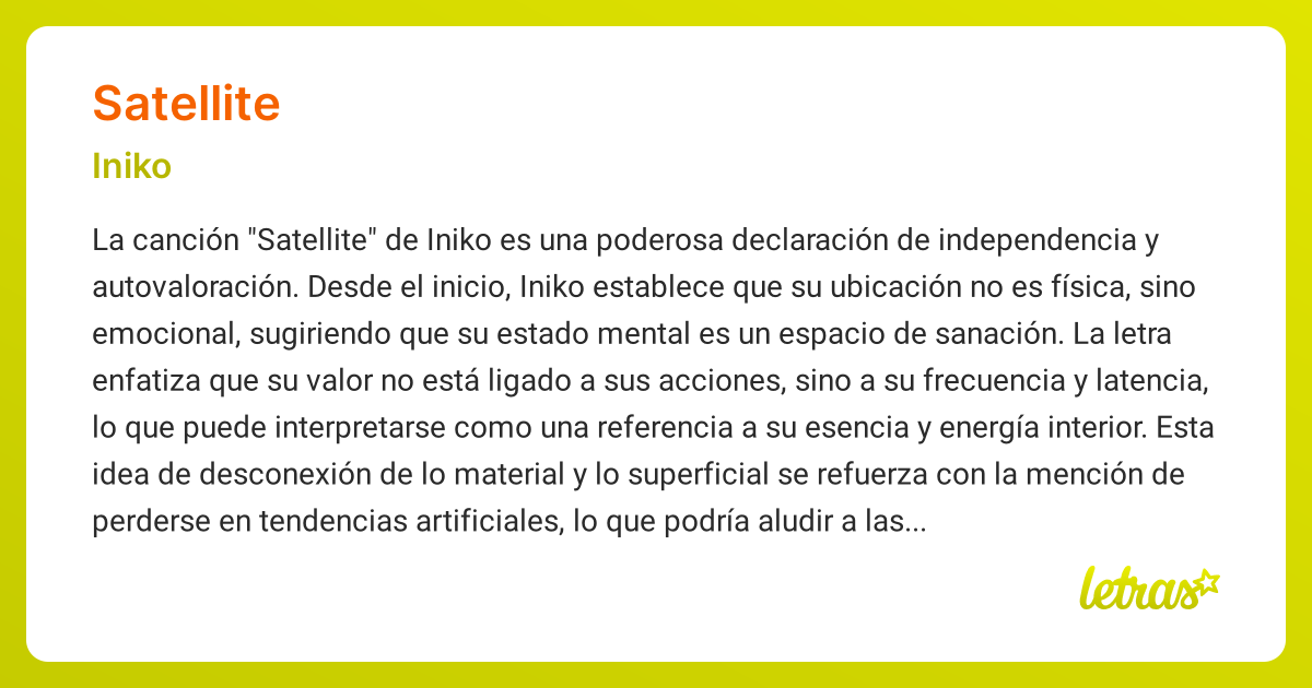 Significado de la canción SATELLITE (Iniko) - LETRAS.COM