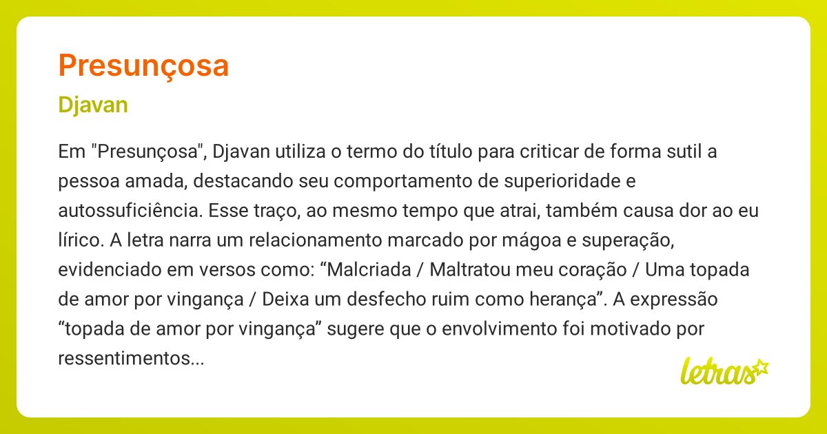 Significado da música PRESUNÇOSA (Djavan) - LETRAS.MUS.BR