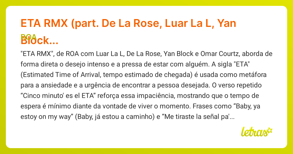 Significado da música ETA RMX (part. De La Rose, Luar La L, Yan Block y ...