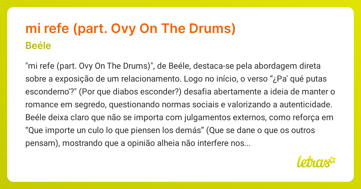 Significado da música mi refe (part. Ovy On The Drums) (Beéle) - LETRAS ...