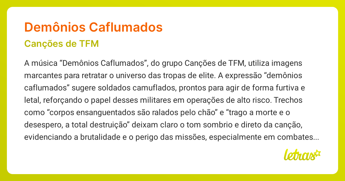 Significado da música DEMÔNIOS CAFLUMADOS (Canções de TFM) - LETRAS.MUS.BR