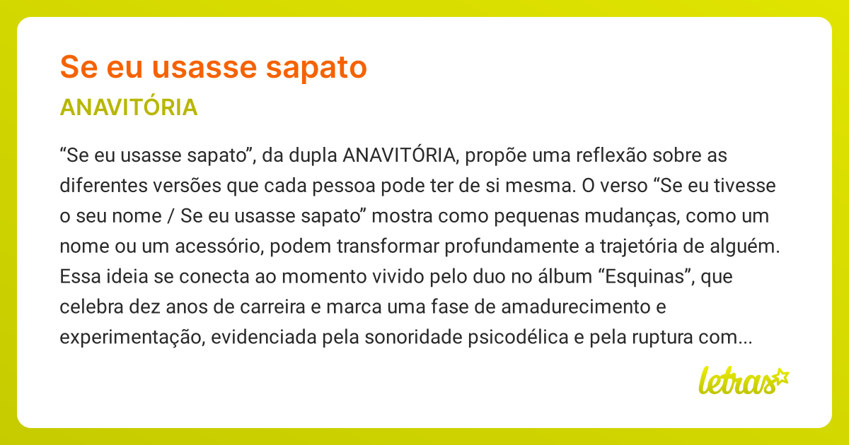 Significado da música SE EU USASSE SAPATO (ANAVITÓRIA) - LETRAS.MUS.BR
