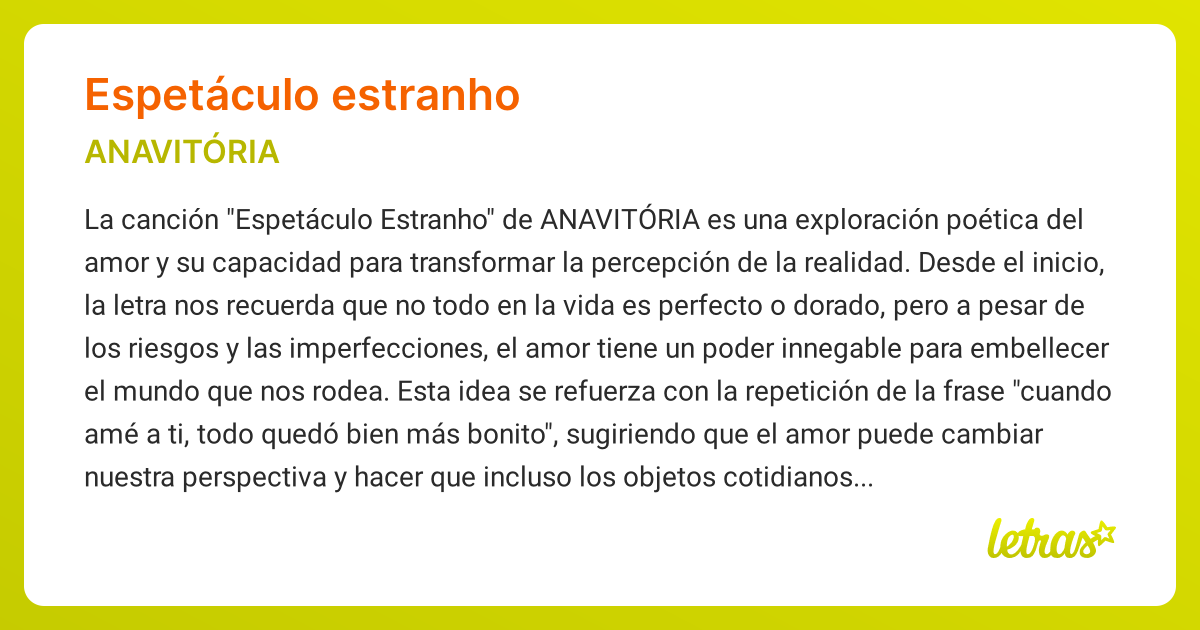 Significado de la canción ESPETÁCULO ESTRANHO (ANAVITÓRIA) - LETRAS.COM