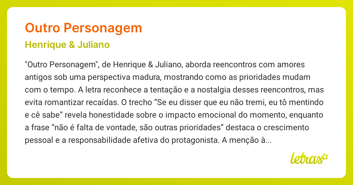 Significado da música OUTRO PERSONAGEM (Henrique & Juliano) - LETRAS.MUS.BR