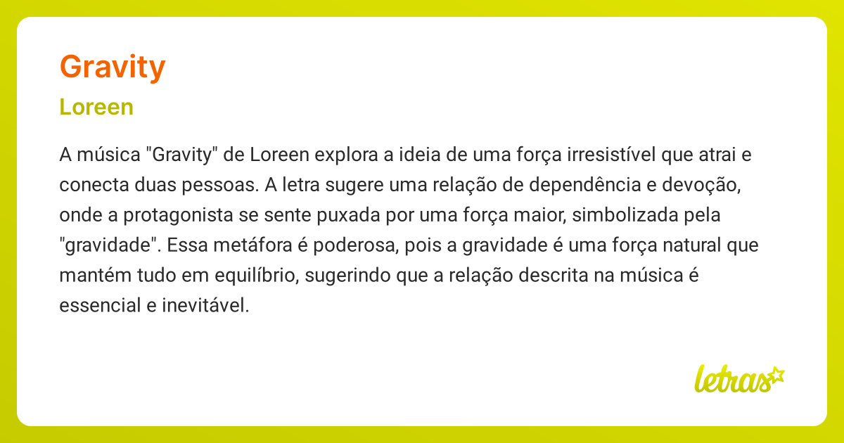 Significado da música GRAVITY (Loreen) - LETRAS.MUS.BR