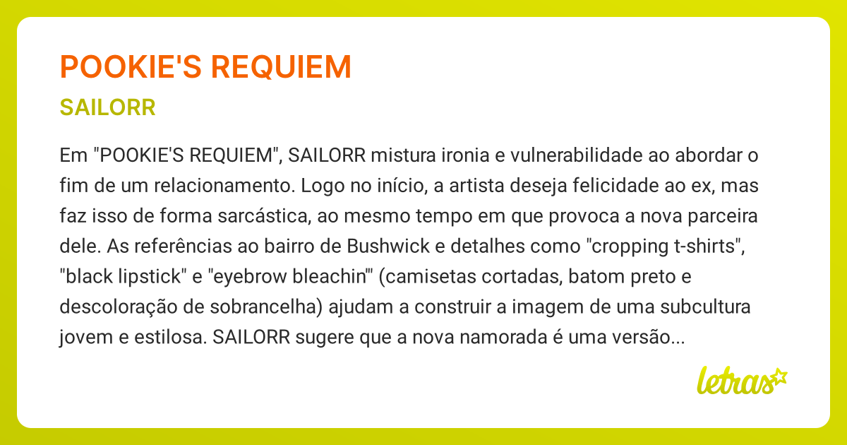 Significado da música POOKIE'S REQUIEM (SAILORR) - LETRAS.MUS.BR