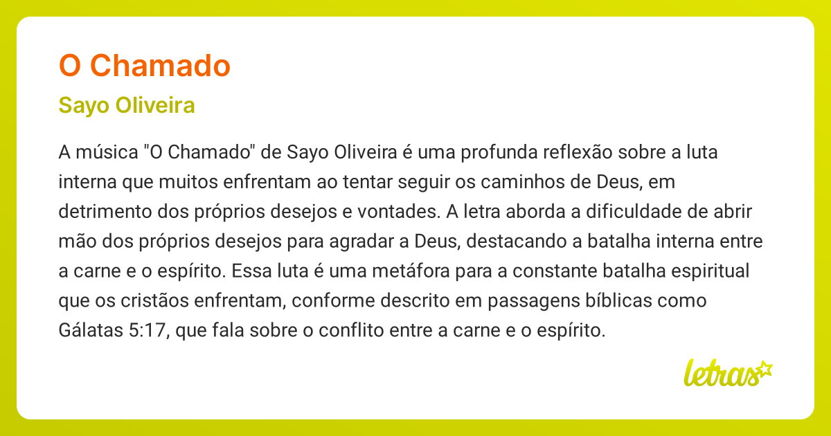 Significado da música O CHAMADO (Sayo Oliveira) - LETRAS.MUS.BR