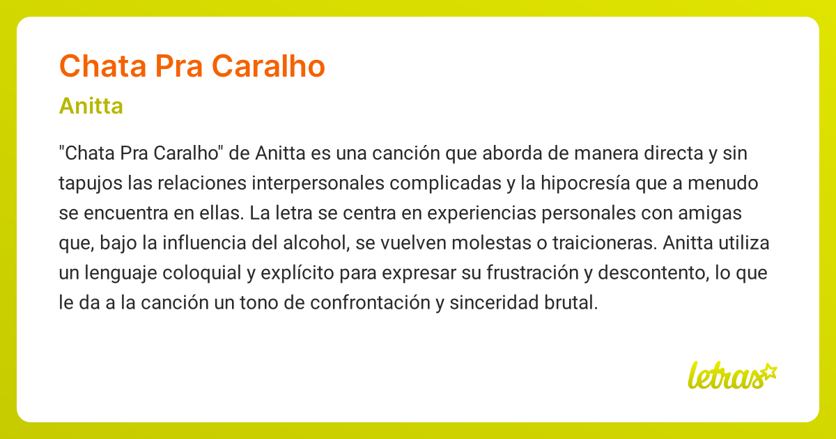 Significado de la canción CHATA PRA CARALHO (Anitta) - LETRAS.COM
