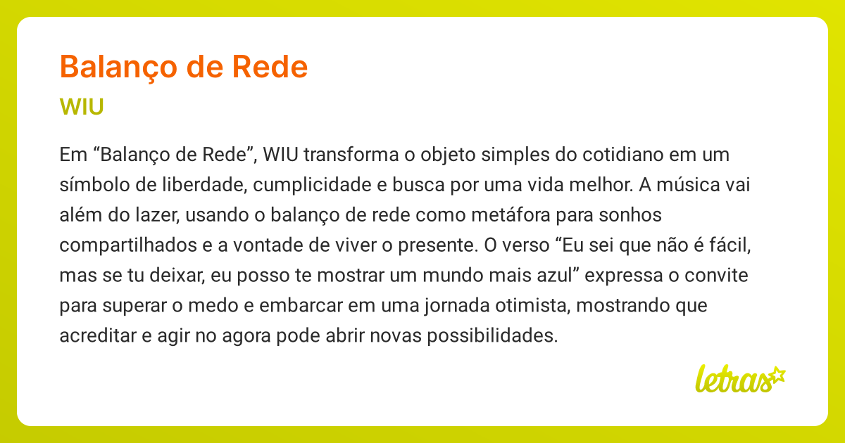 Significado da música BALANÇO DE REDE (WIU) - LETRAS.MUS.BR