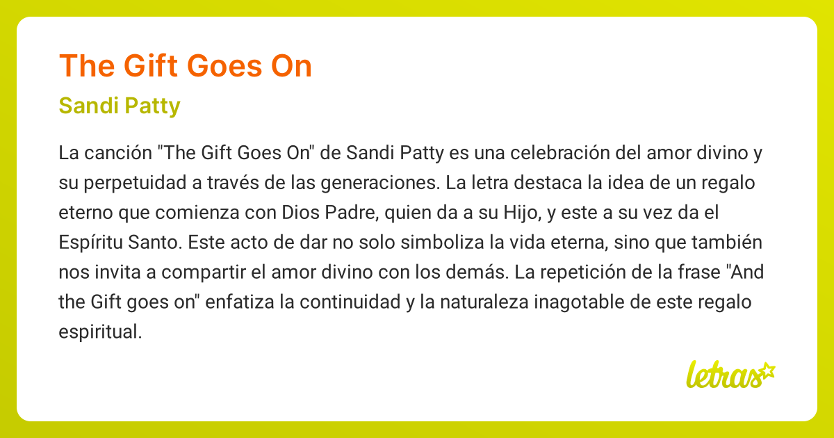 Significado de la canción THE GIFT GOES ON (Sandi Patty) - LETRAS.COM