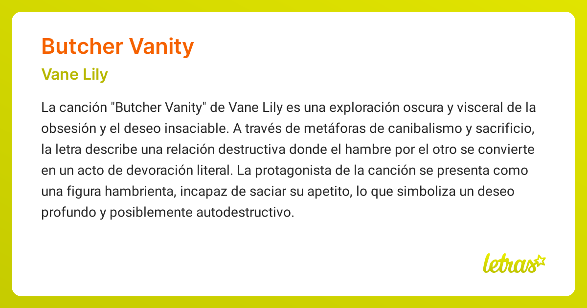 Significado de la canción BUTCHER VANITY (Vane Lily) - LETRAS.COM