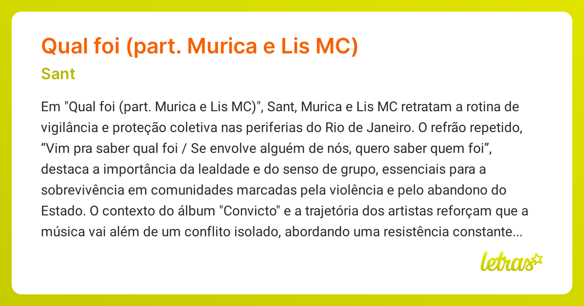 Significado da música Qual foi (part. Murica e Lis MC) (Sant) - LETRAS ...