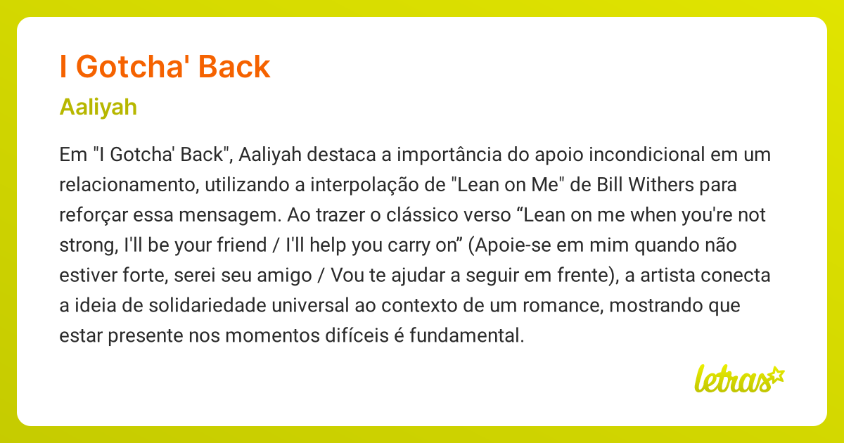 Significado da música I GOTCHA' BACK (Aaliyah) - LETRAS.MUS.BR