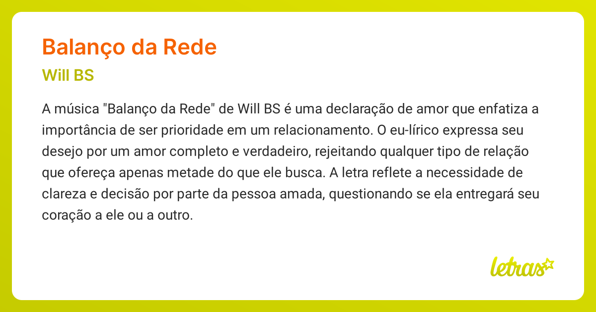 Significado da música BALANÇO DA REDE (Will BS) - LETRAS.MUS.BR