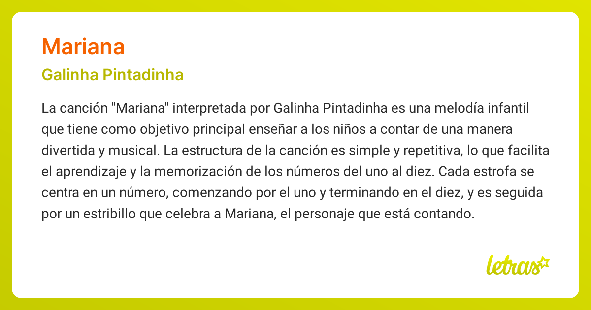 Significado de la canción MARIANA (Galinha Pintadinha) - LETRAS.COM