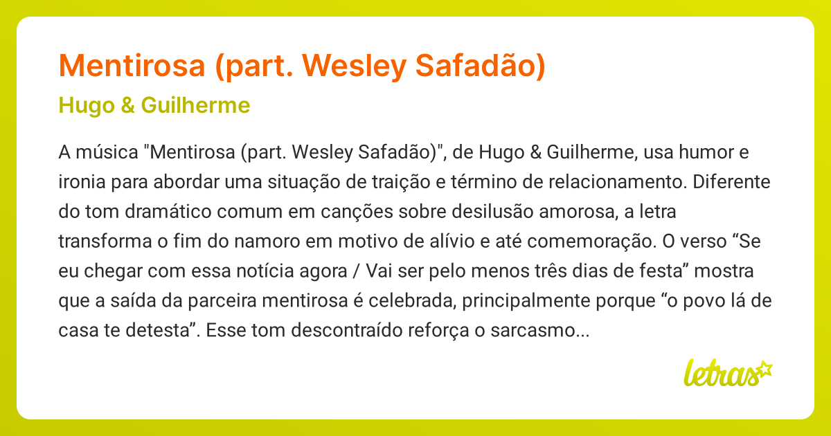 Significado Da Música Mentirosa Part Wesley Safadão Hugo