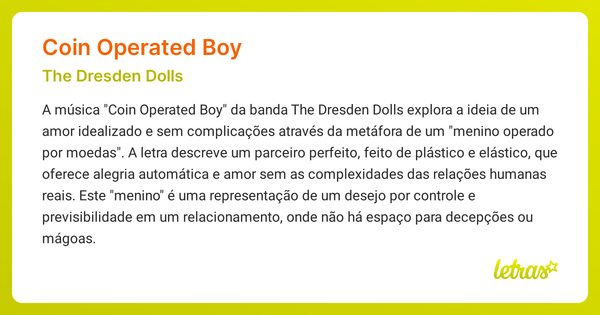 Significado da música COIN OPERATED BOY (The Dresden Dolls) - LETRAS.MUS.BR