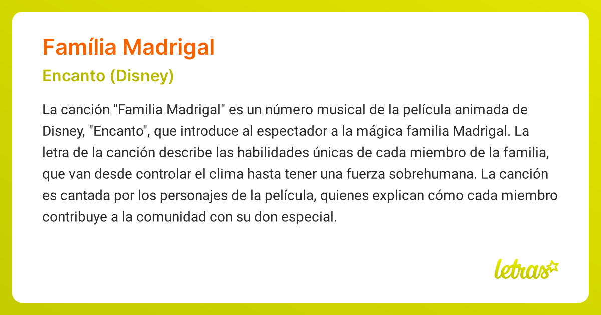 Significado de la canción FAMÍLIA MADRIGAL (Encanto (Disney)) - LETRAS.COM