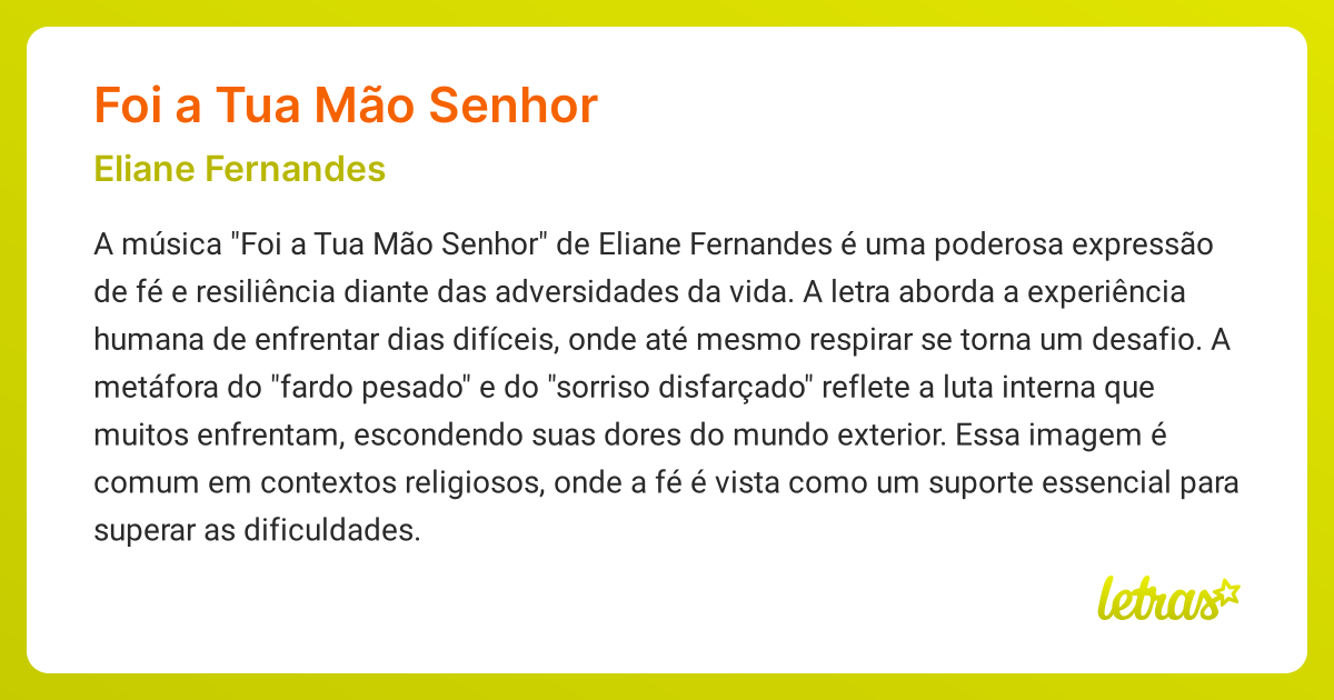 Significado da música FOI A TUA MÃO SENHOR (Eliane Fernandes) - LETRAS ...