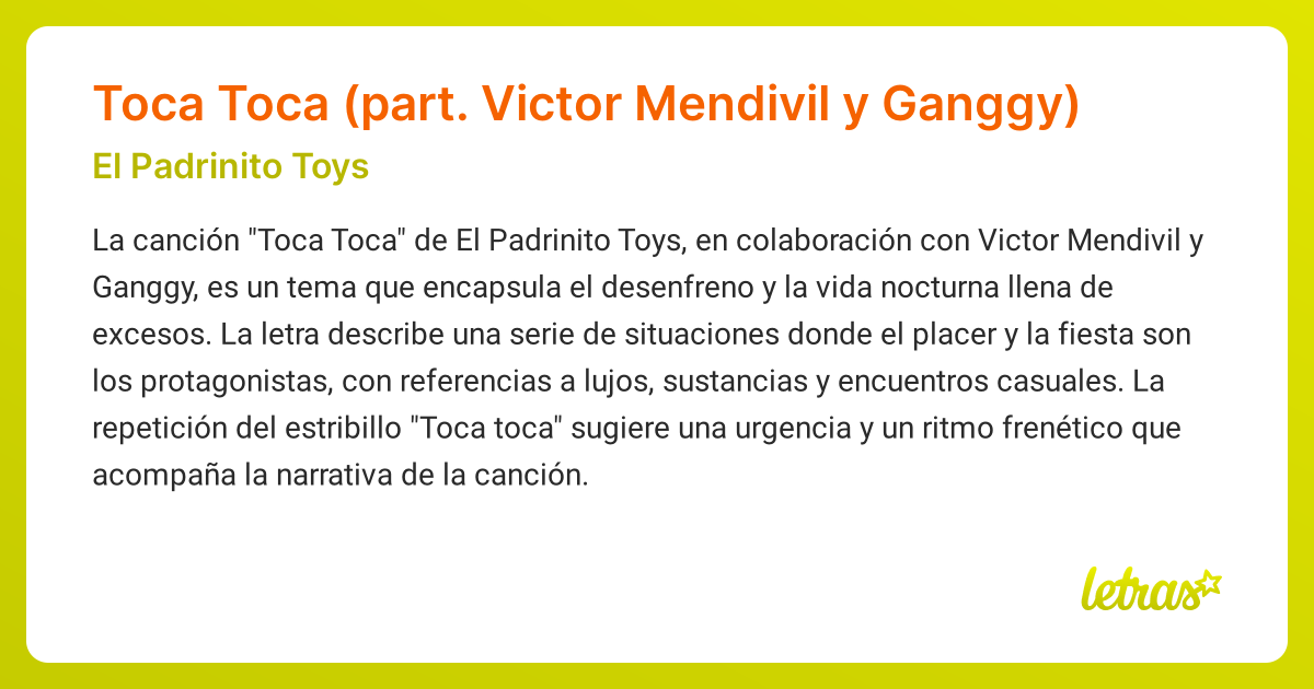Significado de la canción Toca Toca (part. Victor Mendivil y Ganggy ...
