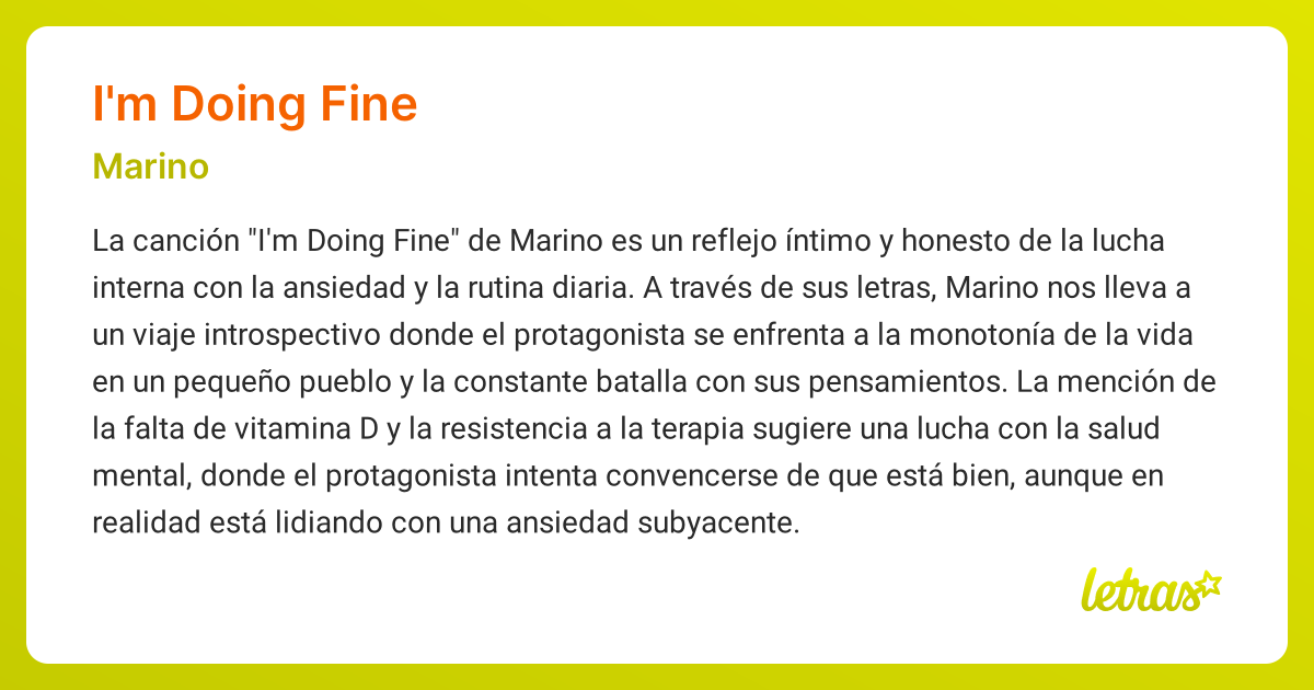 Significado de la canción I'M DOING FINE (Marino) - LETRAS.COM