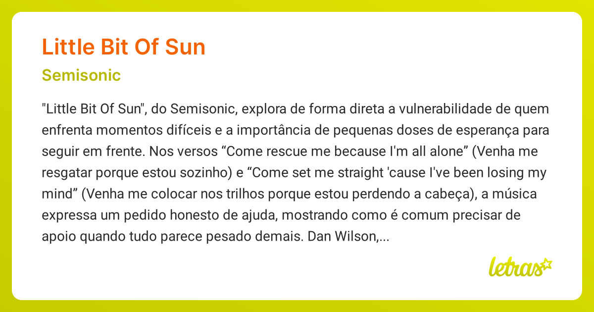 Significado da música LITTLE BIT OF SUN (Semisonic) - LETRAS.MUS.BR
