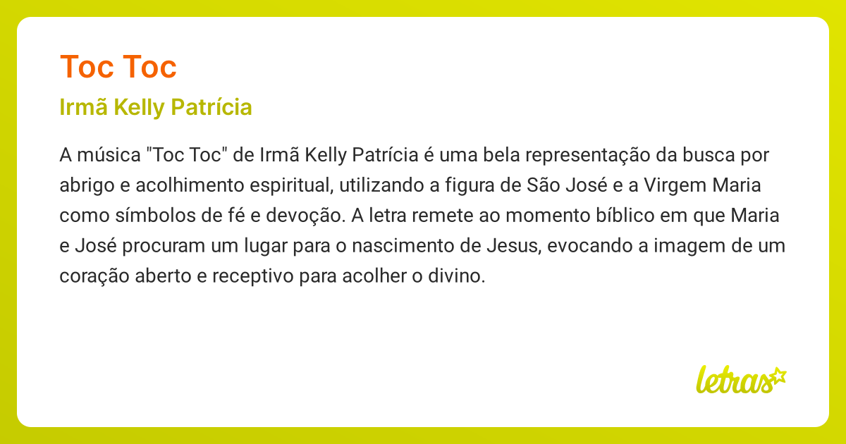 Significado da música TOC TOC (Irmã Kelly Patrícia) - LETRAS.MUS.BR