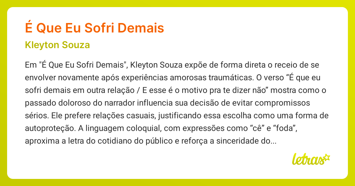 Significado da música É QUE EU SOFRI DEMAIS (Kleyton Souza) - LETRAS.MUS.BR