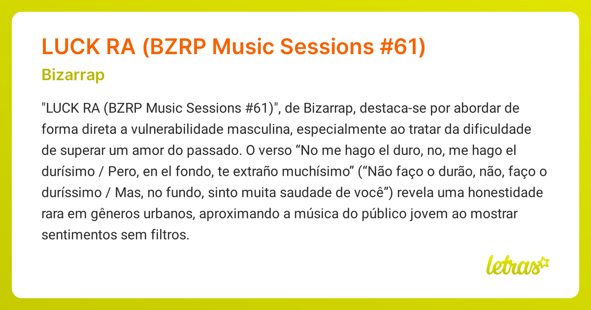 Significado da música LUCK RA (BZRP Music Sessions #61) (Bizarrap) - LETRAS.MUS.BR