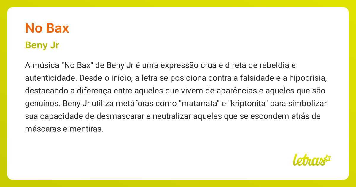 Significado da música NO BAX (Beny Jr) - LETRAS.MUS.BR