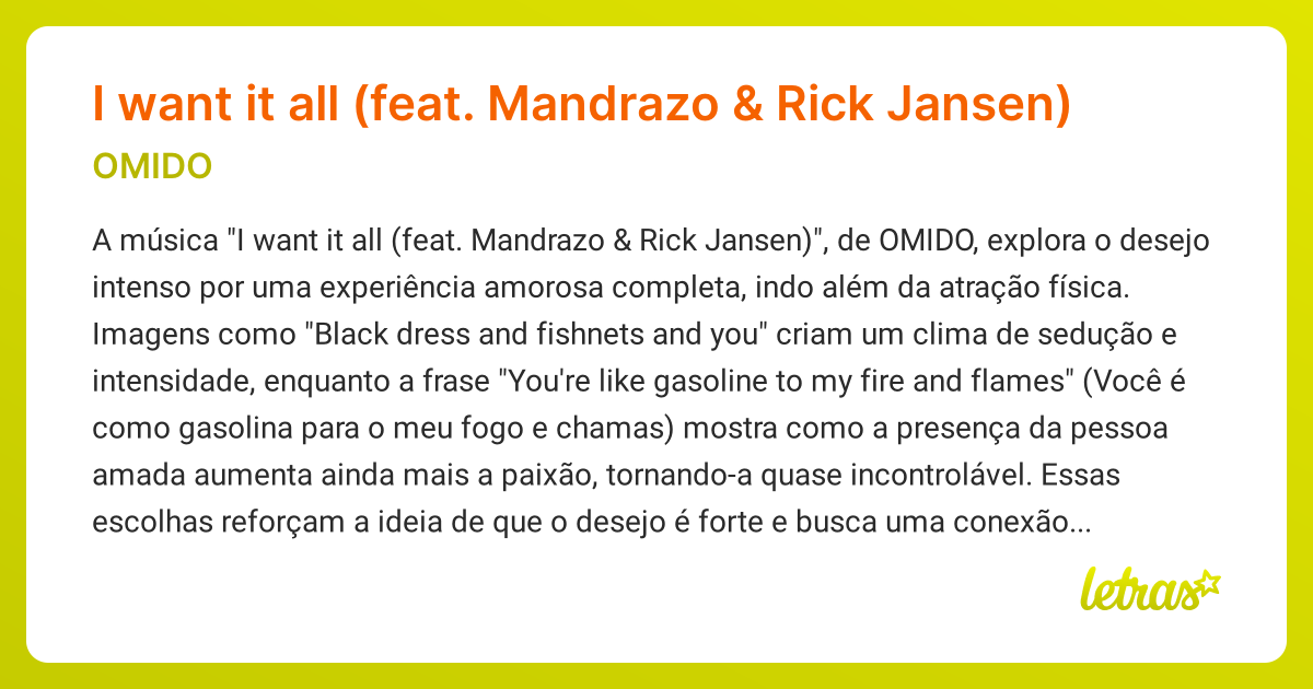 Significado da música I want it all (feat. Mandrazo & Rick Jansen ...