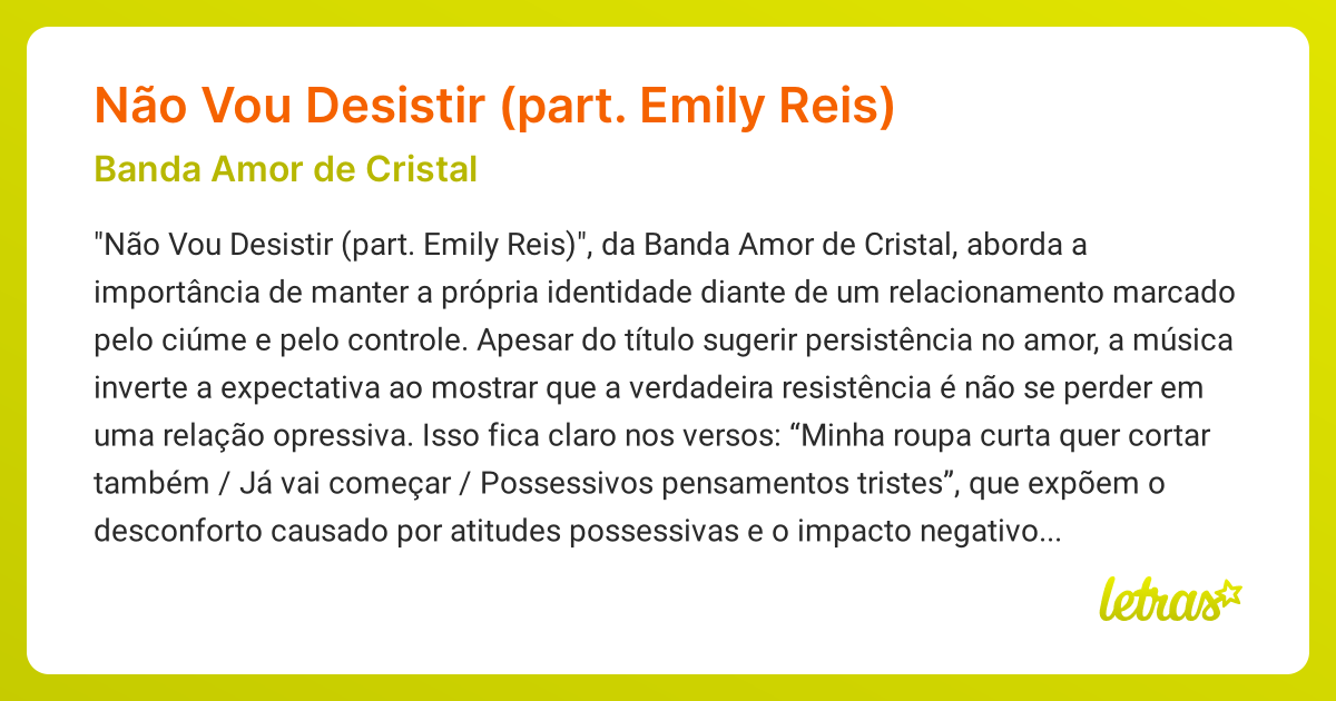 Significado da música Não Vou Desistir (part. Emily Reis) (Banda Amor ...